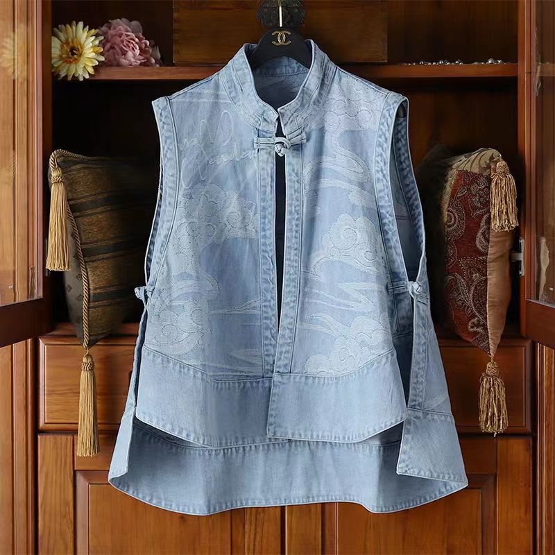 Jual Ethnic Chinese style buckle denim vest with waistcoat, new ...