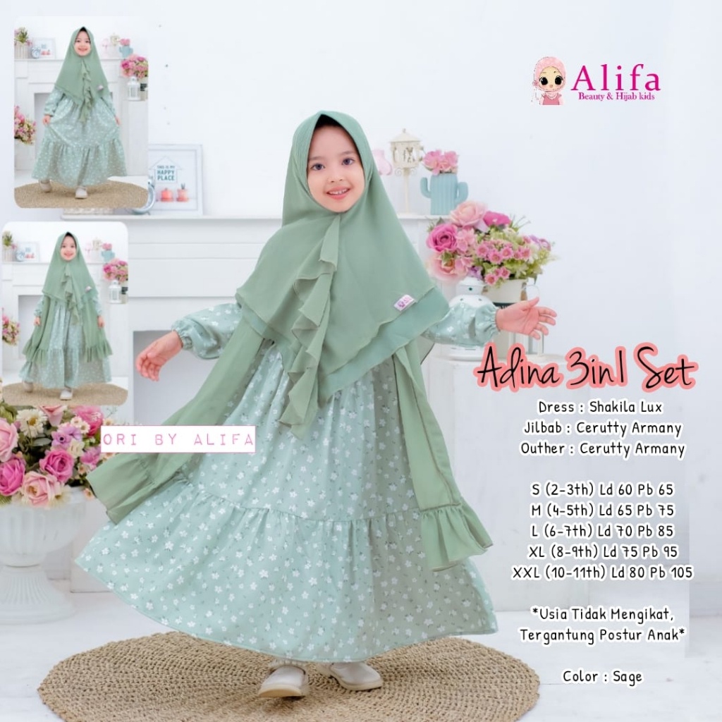 Jual GAMIS ANAK PEREMPUAN ADINA 3IN1 SET DRESS+JILBAB+OUTER MATT CERUTY ...