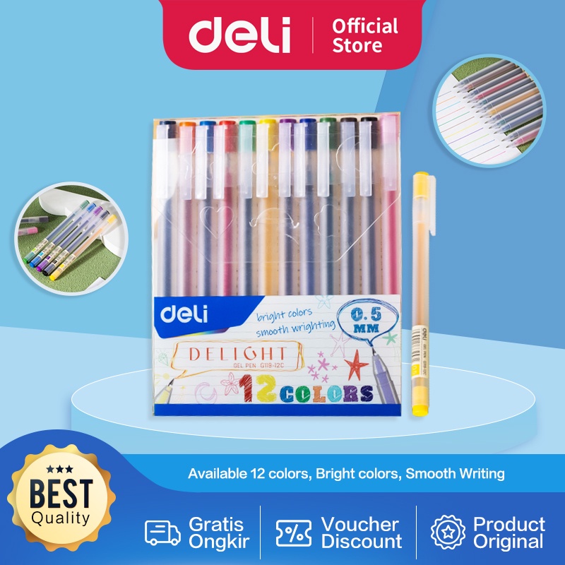 Jual Deli School Gel Pen / Pulpen Gel 0.5 mm 12 Warna Penulisan Halus ...