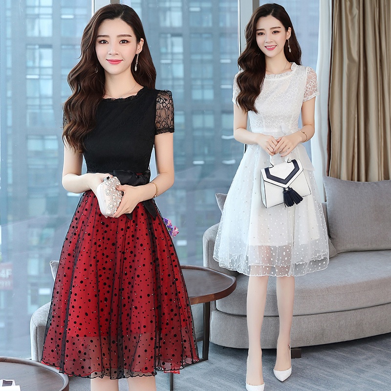 Jual 2449-Dress renda korean style midi dress gaya manis dasi kupu-kupu ...