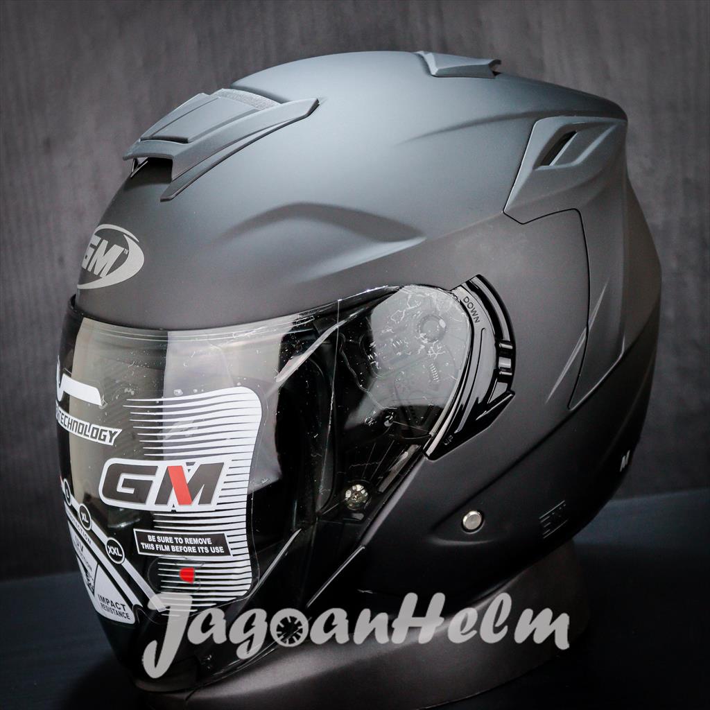 Jual GM FURY SOLID BLACK DOFF | HALF FACE | DOUBLE VISOR | Shopee Indonesia
