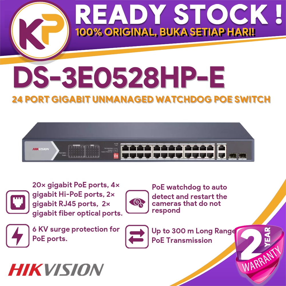 Jual HIKVISION DS-3E0528HP-E 24 PORT GIGABIT UNMANAGED WATCHDOG POE SWITCH | Shopee Indonesia