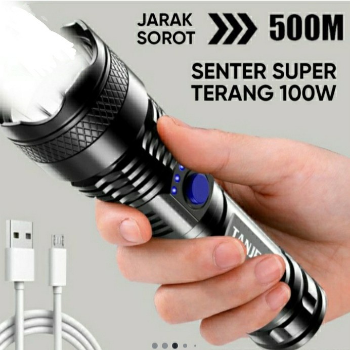 Jual Senter LED 100W Super Terang Rechargeable - Senter Cas USB ...