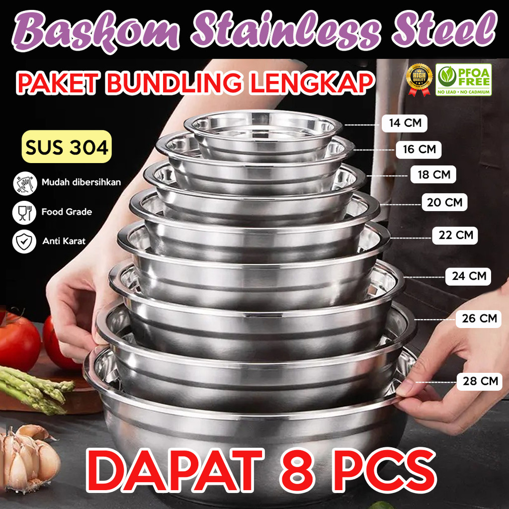 Jual PAKET SET Baskom Stainless Steel 8 Ukuran 14 16 18 20 22 24 26 28 ...