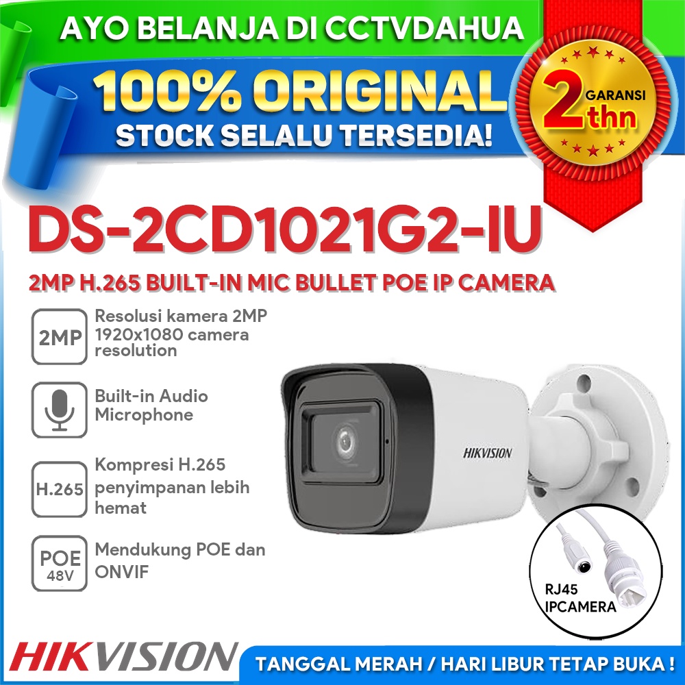 Jual HIKVISION DS-2CD1021G2-IU 2MP H.265 BUILT-IN MIC BULLET POE IP CAMERA | Shopee Indonesia
