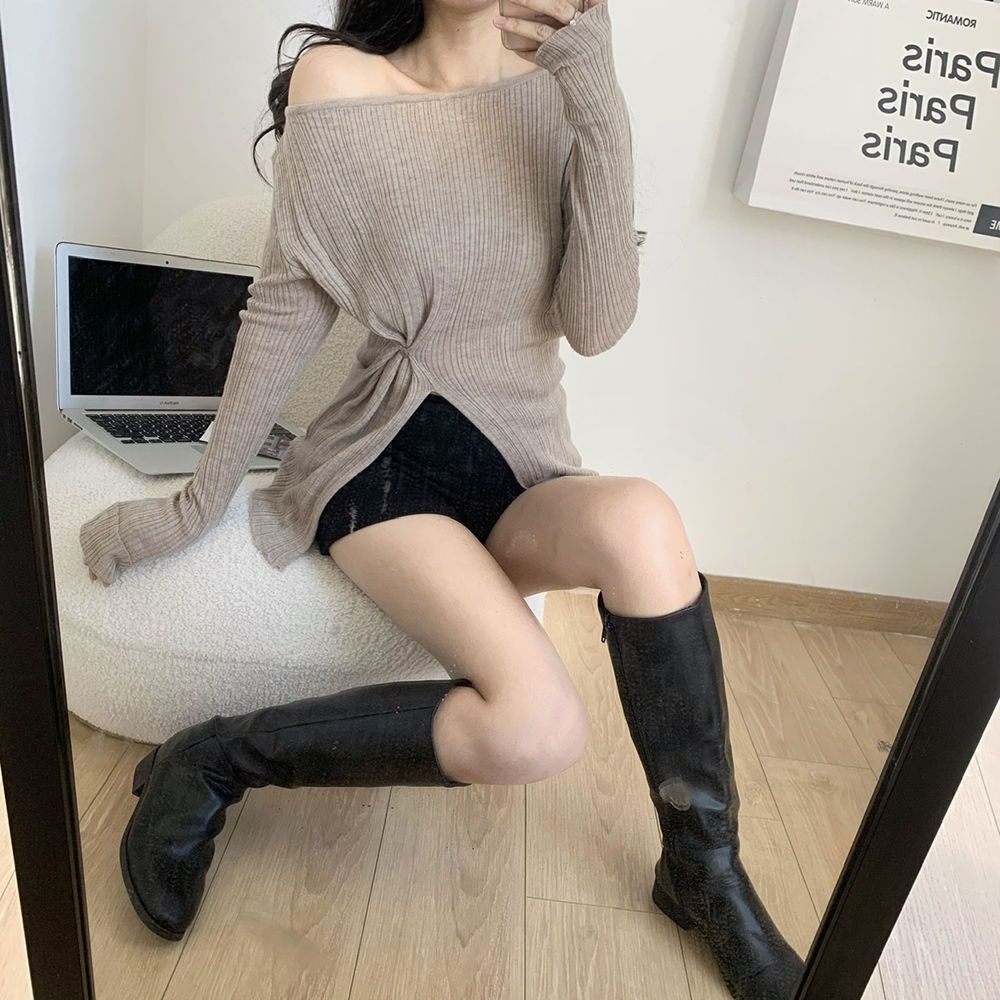 Jual Newlan ZZ056 Knitwear Wrap Kaos Rajut Wanita Lengan Panjang Atasan Rajut Crop Knit Polos V ...