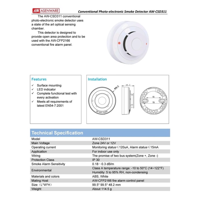 Jual Conventional Smoke Detector Photo-electric Work AW-CSD311 | Shopee Indonesia