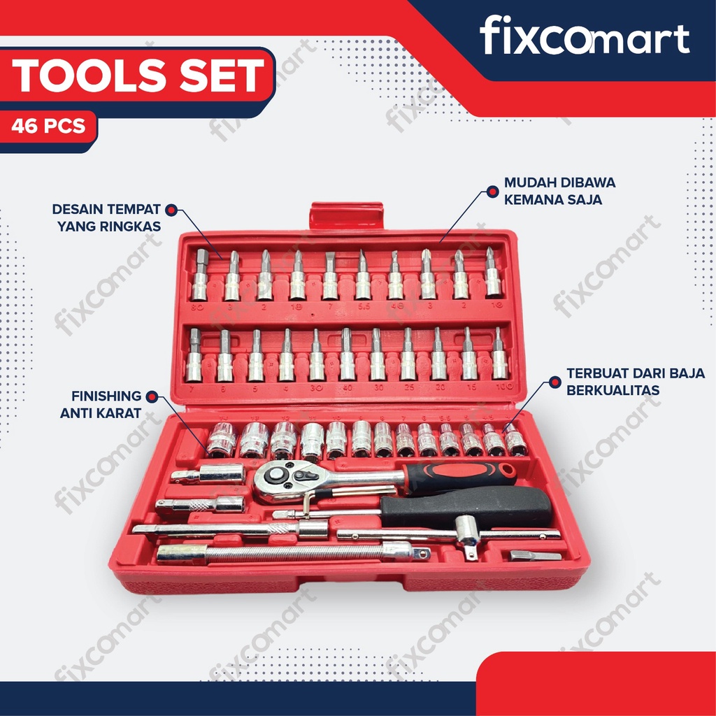 Jual FIXCO Kunci Sok Set 46 Pcs Obeng Socket Set Wrench Tool Set 1/4 ...