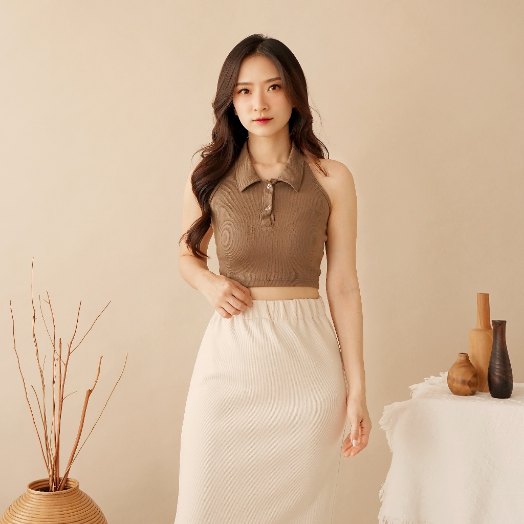 Jual Bellva Tanktop Halter Collar Polo Crop Tee Rib Knit - Atasan Baju Kerah Tank Top Rajut ...