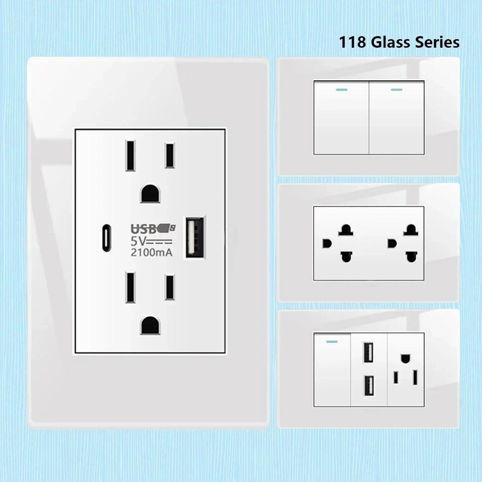Jual US Wall Switch Power Socket with USB Type-c Quick Charger,American ...
