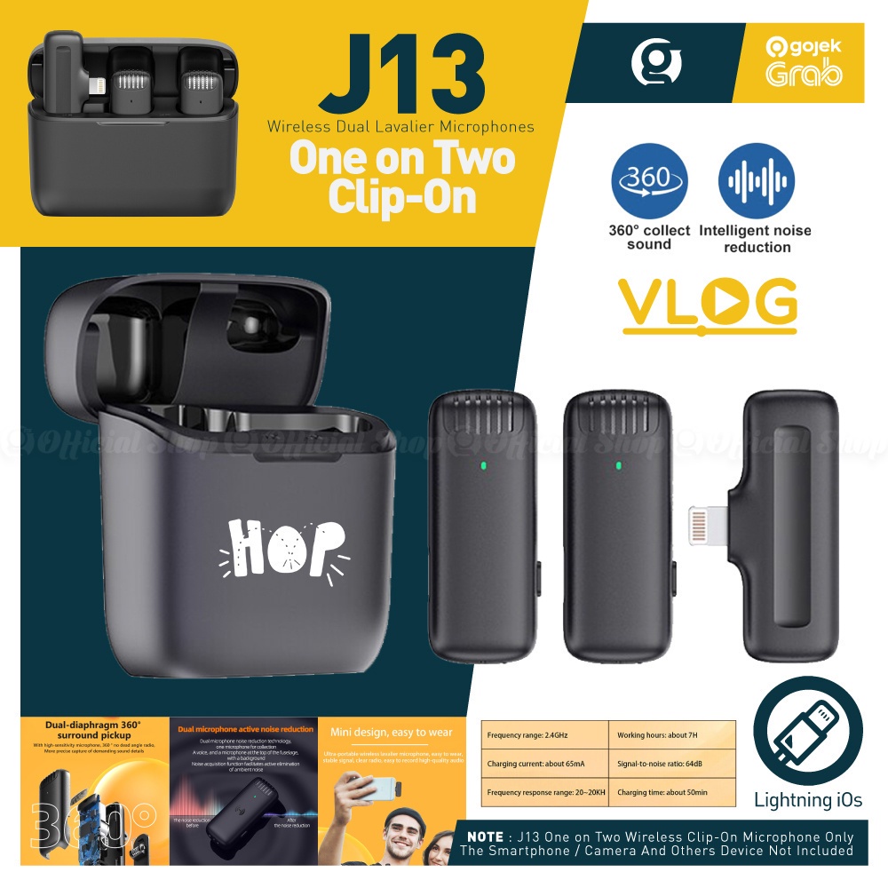 Jual HOP J13 Dual Mic Wireless Lavalier with Case Charger Clip On Jepit (Vlog Youtuber ...