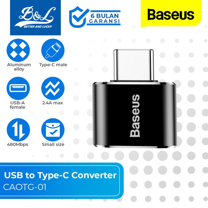 Jual BASEUS Mini Converter Female USB to Type-C Male Adapter OTG USB2.0 ...
