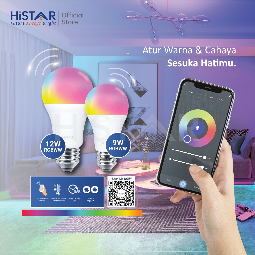 Jual HiSTAR Lampu Pintar LED Smart LIGHT BULB RGBWW 12W/WA70 - Lampu ...