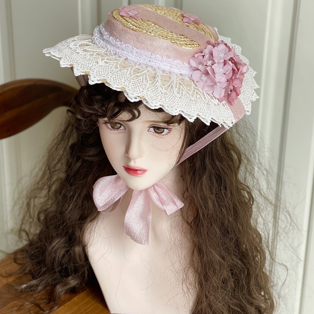 Jual Lin Meng Pita Merah Muda Bordir Bunga Bola Topi Renda Lolita Foto ...