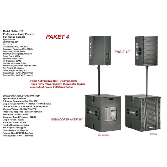 Jual Paket 1 unit subwoofer aktif ASHLEY 18 inch dan 1 unit speaker ...