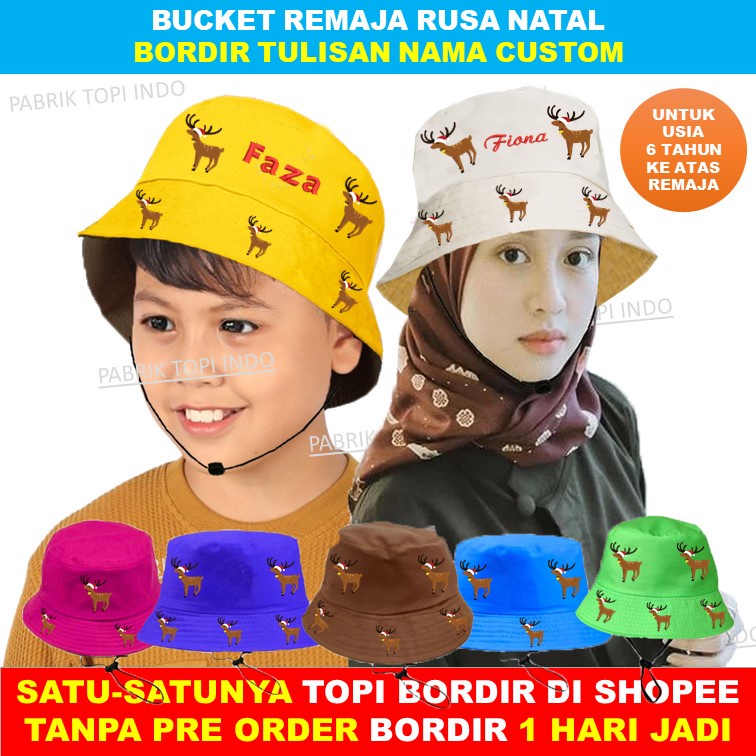 Jual Bucket Motif Sablon Rusa Natal dan Custom Bordir Nama Usia 6 Tahun ...