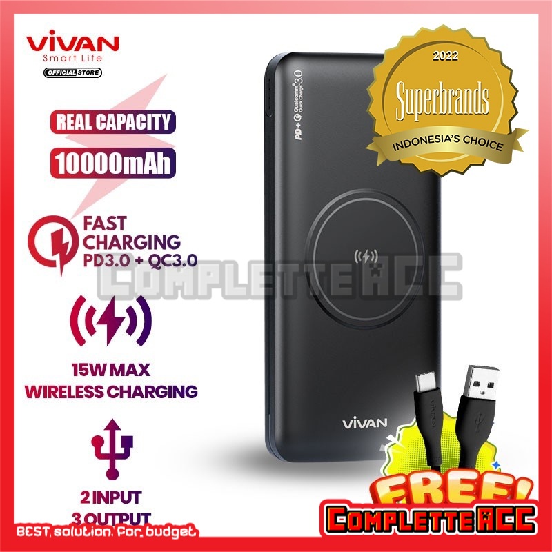 Jual VIVAN VPB-W11 Powerbank 10000 mAh Wireless 3 Output Fast Charging 20W QC3.0 PD Support ...