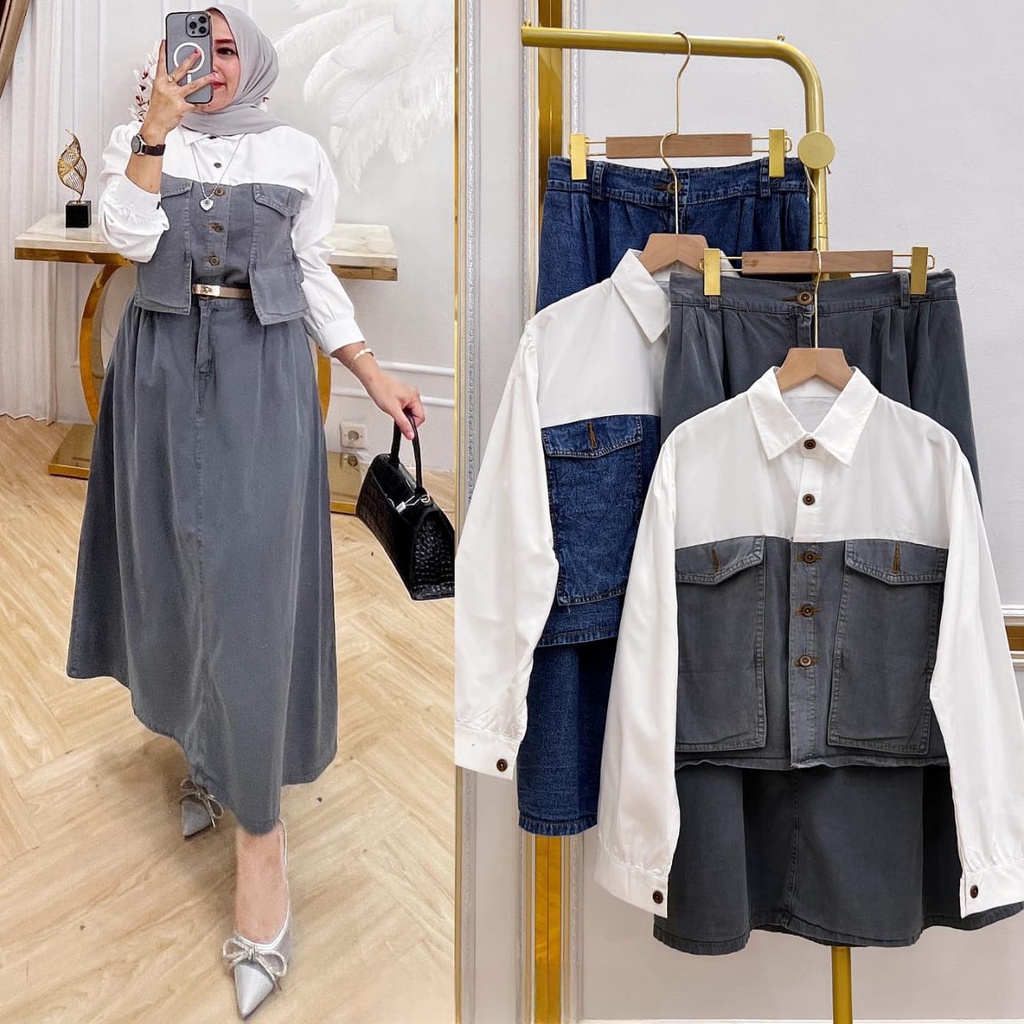 Jual Vallina Outfit - Qiana Set Skirt Jeans Tops Toyobo Patch Pocket ...