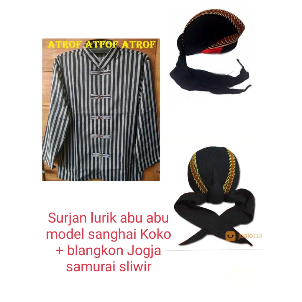 Jual Surjan Lurik Sanghai Koko ABU ABU + BLANGKON JOGJA SAMURAI SLIWIR / Baju Adat Jawa LURIK ...