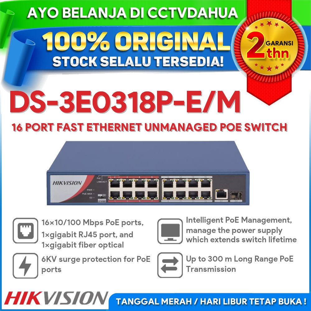 Jual HIKVISION DS-3E0318P-E/M 16 PORT FAST ETHERNET UNMANAGED POE SWITCH | Shopee Indonesia