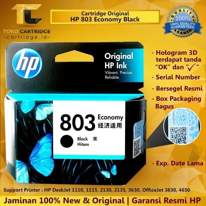 Jual Cartridge HP 803 Black Original Ink Catridge F6V21AA Katrid Tinta ...