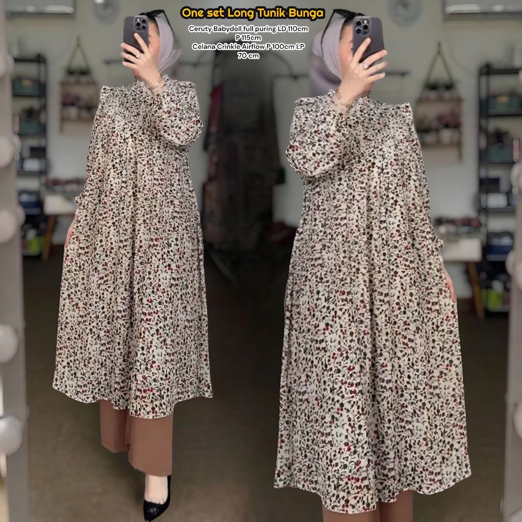 Jual Bunga Set One Set Wanita Long Tunik Ceruty Babydoll Setelan Wanita ...