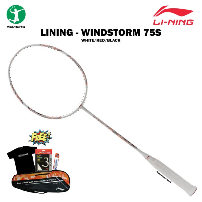 Jual Raket Badminton Original Lining Windstorm WS 75S 75 S White Red ...