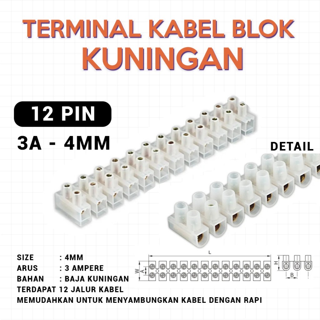 Jual Terminal Kabel Blok Kuningan Krustin 12 PIN 4MM 3A Plastik ...