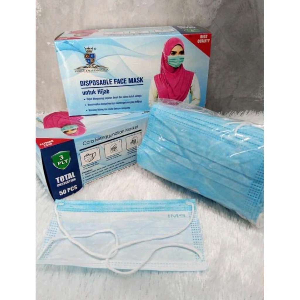 Jual Masker Disposable Face Mask Hijab Biru 1 Box isi 50 Pcs | Shopee ...