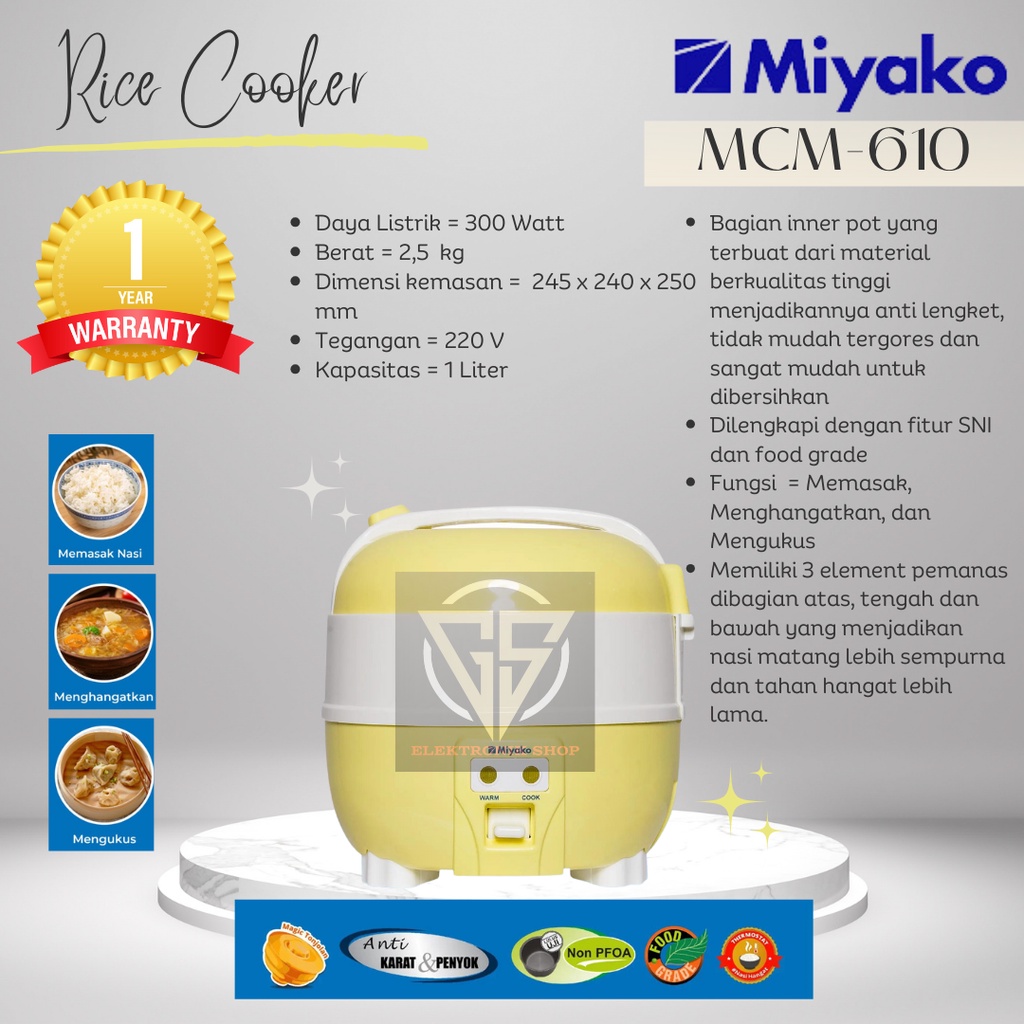 Jual Rice Cooker Miyako 1 liter MCM 610 Garansi Resmi 1 tahun | Shopee ...