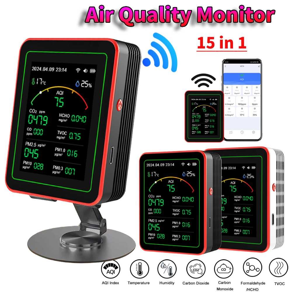 Jual 15-in-1 WiFi Air Quality Monitor HCHO TVOC CO CO2 Meter AQI PM0.3 ...