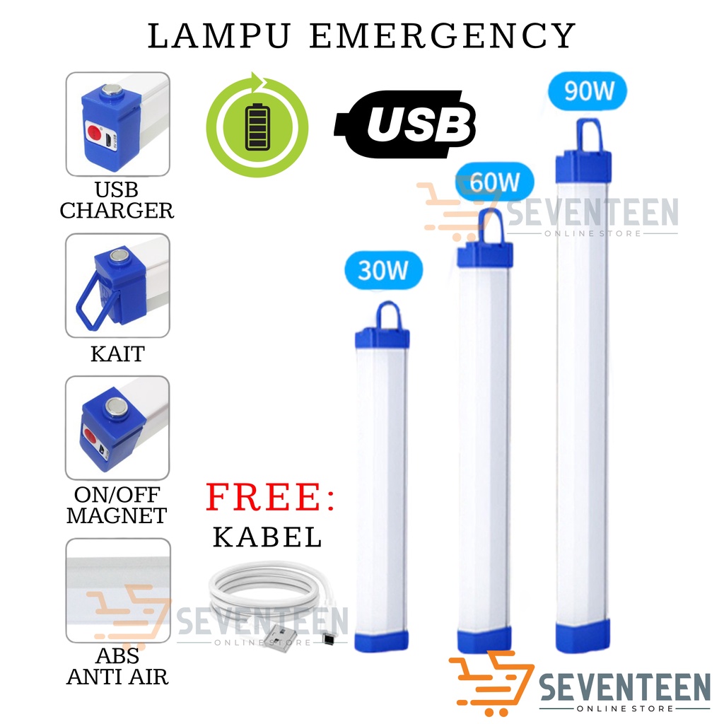 Jual SEVENTEEN LAMPU EMERGENCY LED 30W 60W 90W 120W SUPER TERANG NEON PANJANG T7 PORTABLE LAMPU ...