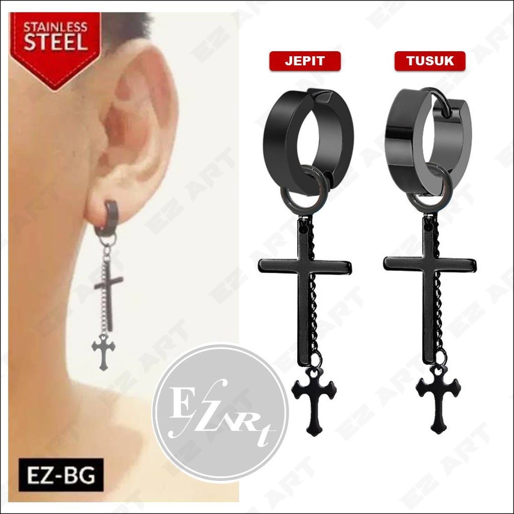 Jual 1Pc Model EZ-BG Black Hitam Anting Pria dan Wanita Jepit/Tusuk ...