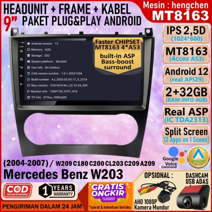 Jual Headunit Android MT8163 2/32GB QLED+ Frame 9 inch Mercedes Benz ...