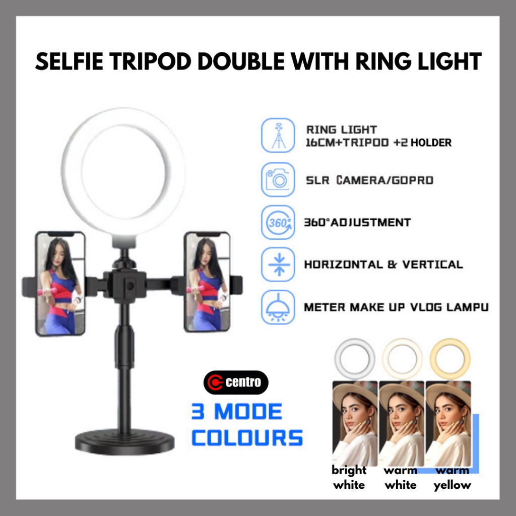 Jual SELFIE MINI DOUBLE TRIPOD WITH RING LIGHT | Shopee Indonesia
