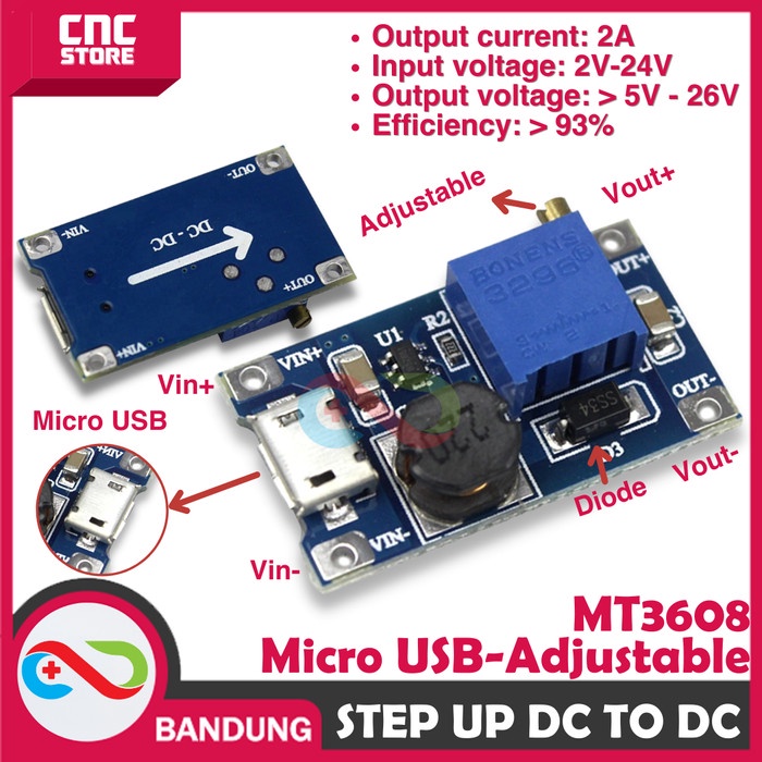 Jual ADJUSTABLE STEP UP MT3608 BOOST DC MICRO USB 2A 2V-24V TO 5V-28V MODULE | Shopee Indonesia