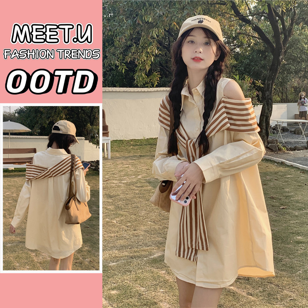 Jual MEET.U Kemeja Midi Desain Korea Off-Shoulder dengan Paduan Stripe ...
