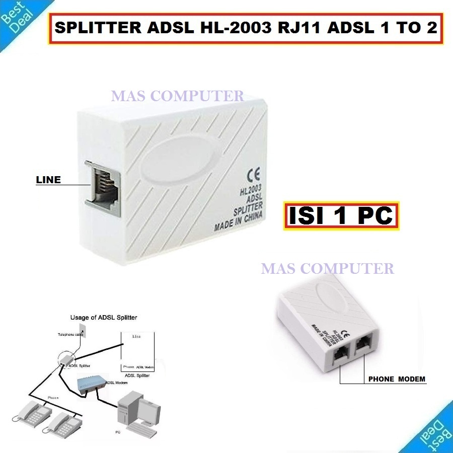 Jual SPLITTER ADSL 1 TO 2 RJ11 PEMISAH SIGNAL TELEPHONE DAN INTERNET ...