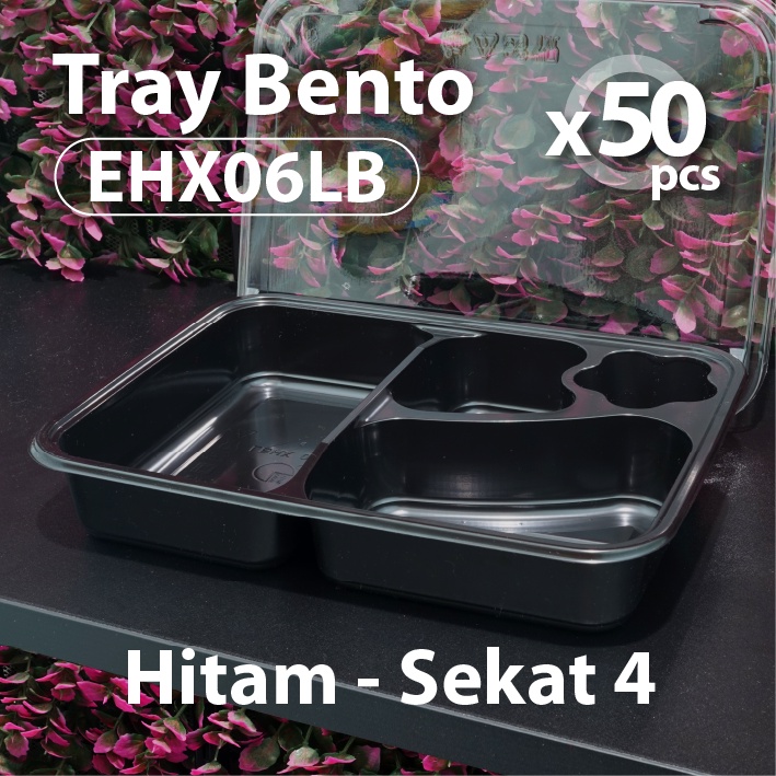 Jual Paket 50 pcs - Tray Bento Sekat 4 Hitam - EHX06LB - Mika Tray ...