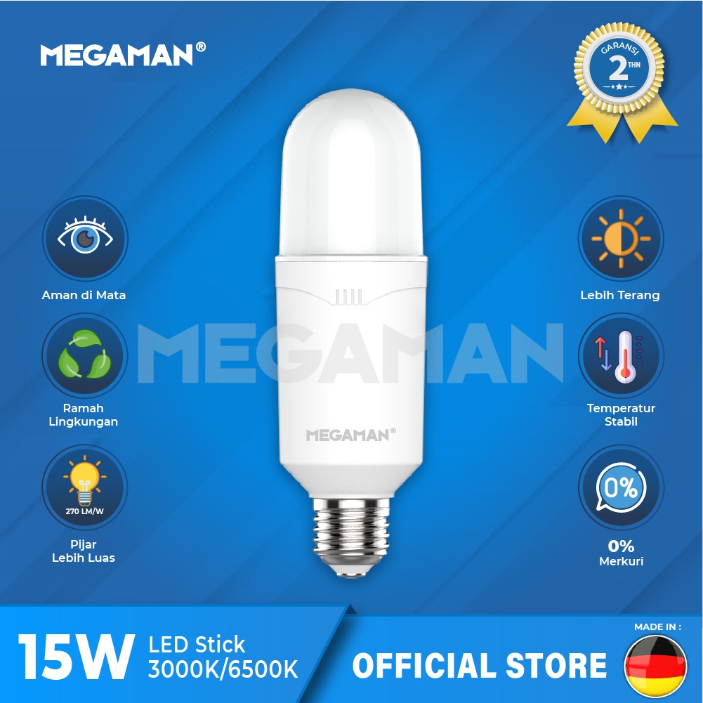 Jual Lampu LED Hemat Energi Garansi 1 Tahun MEGAMAN Stick Bulb 15W Putih Hemat bohlam Energi ...