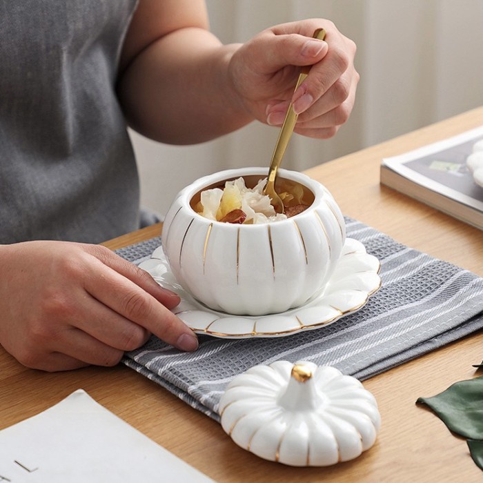 Jual Pumpkin Bowl paket mangkok sup keramik bentuk labu putih emas ...