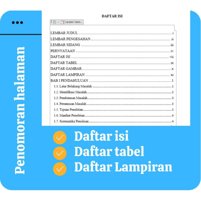 Jual Daftar isi, penomoran halaman, daftar tabel, daftar gambar, daftar lampiran otomatis ...