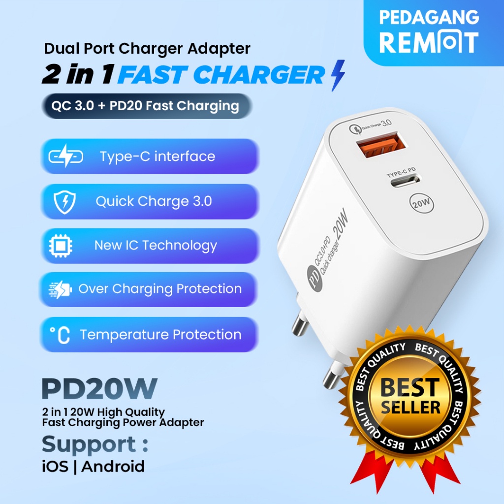Jual PR 2 in 1 Adaptor Kepala Charger PD Quick Charging 3.0 Type C Dual USB 20W Fast Charge ...
