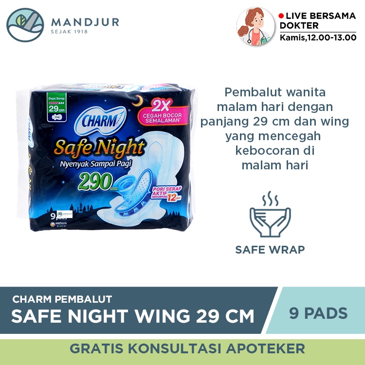 Jual Charm Pembalut Safe Night 29 cm Wing 9 Pads - Pembalut Malam 29 cm ...