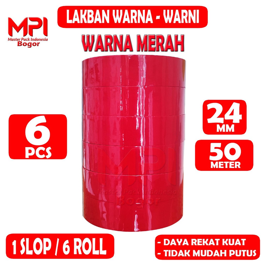 Jual 1 SLOP / 6 ROLL - Lakban Isolasi Warna Merah 24 mm x 50 Meter ...