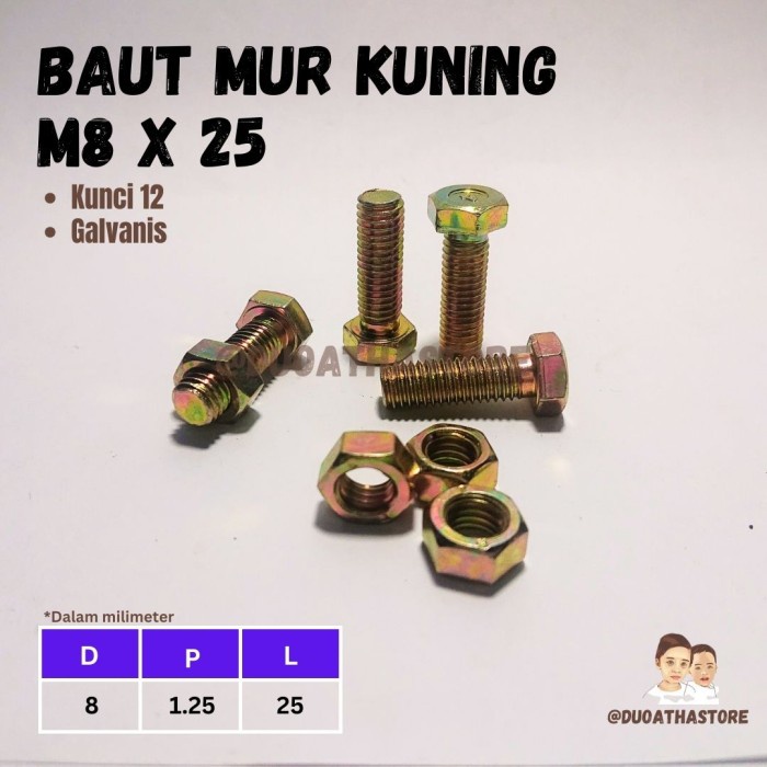 Jual M8x25 Baut Mur Kuning BMK Hex M8 x 25 FT | Shopee Indonesia