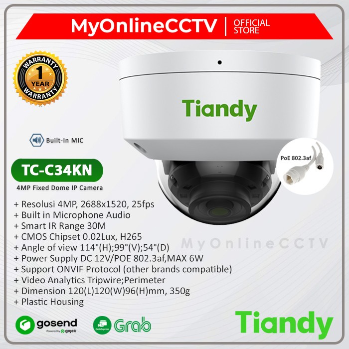 Jual IP Camera CCTV Tiandy TC-C34KN 4MP Audio PoE Onvif IR indoor Dome ...