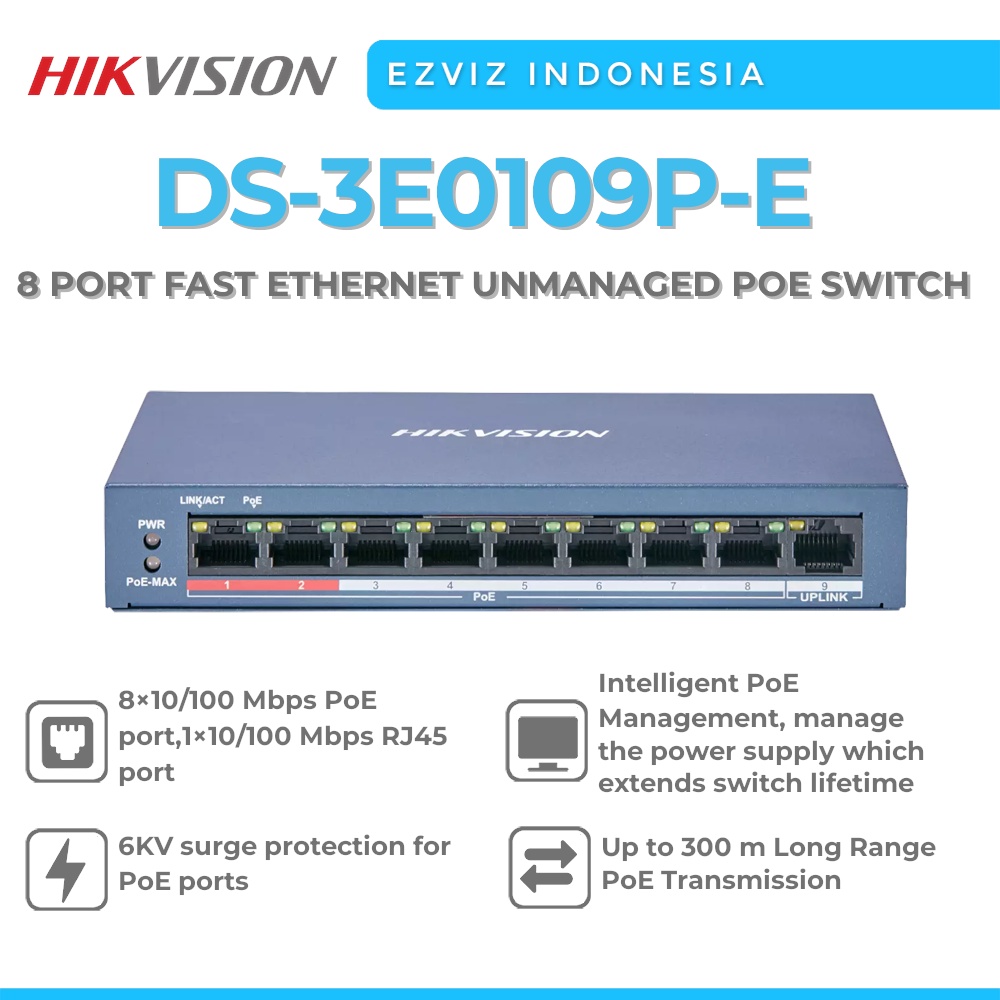 Jual HIKVISION DS-3E0109P-E 8 PORT FAST ETHERNET UNMANAGED POE SWITCH ...