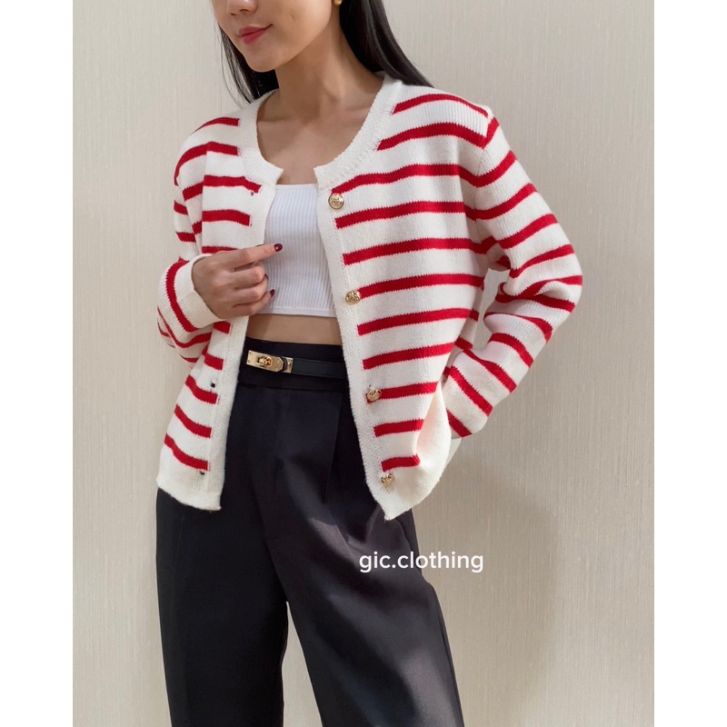 Jual [GIC] ALBA STRIPES CARDIGAN - kardigan rajut wanita korea motif garis | Shopee Indonesia