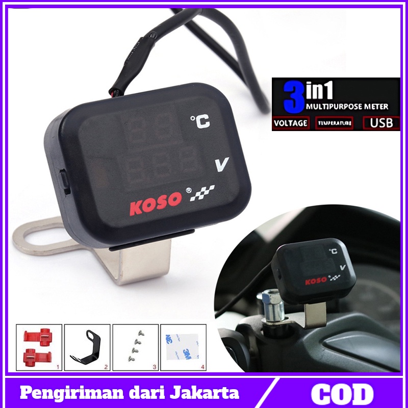 Jual 【siap】Voltmeter Koso 3 in 1 USB Charger Universal Semua Motor Anti Air Original Termometer ...
